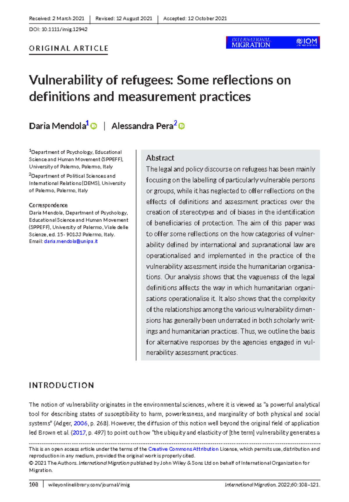 International Migration - 2021 - Mendola - Vulnerability of refugees ...