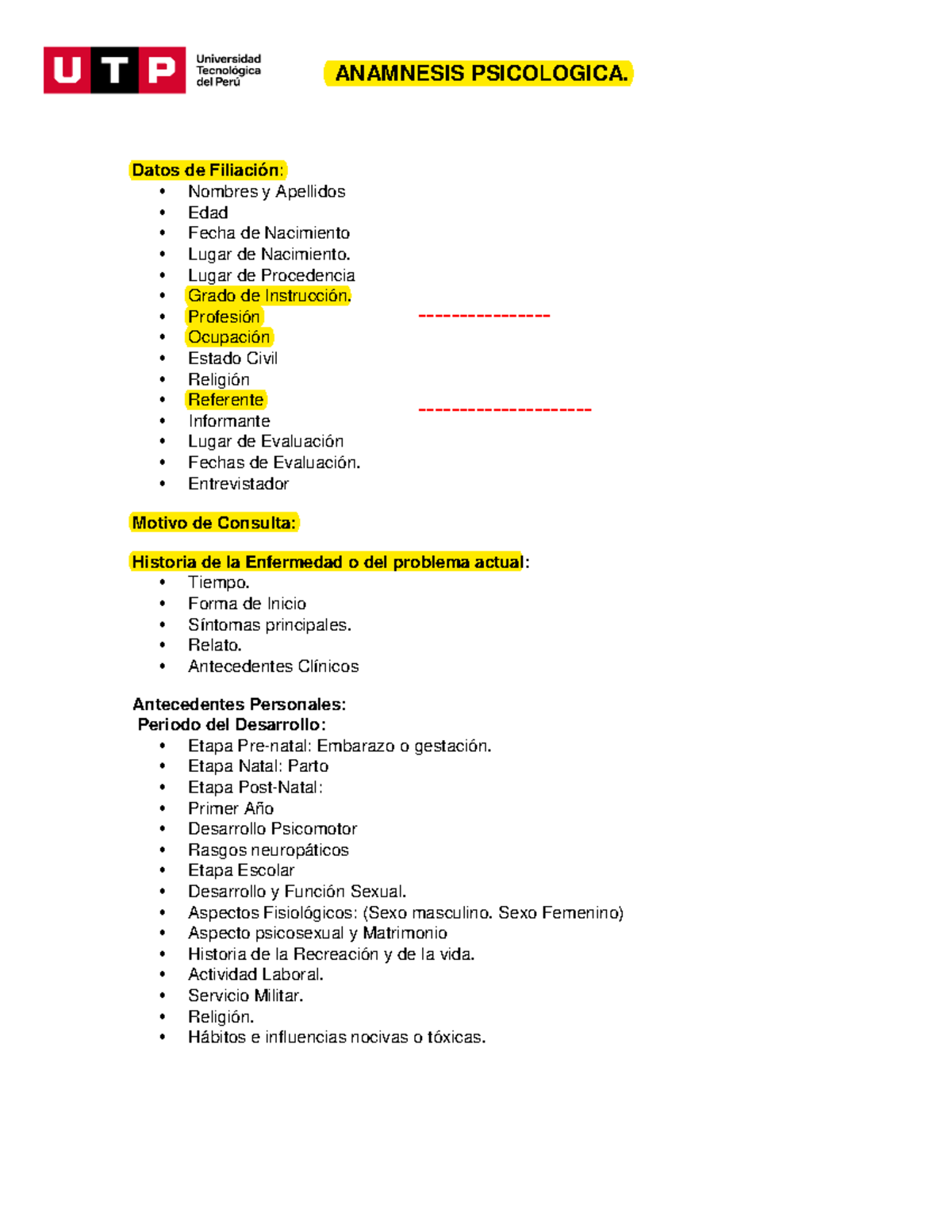 S07.S1 3 Esquema DE Anamnesis Psicologica - ANAMNESIS PSICOLOGICA. Datos de Filiación : Nombres ...