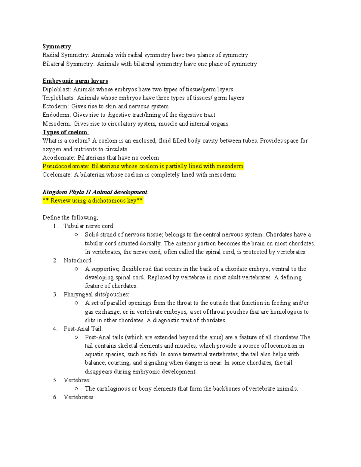 BIO 1108 lab definitions - Symmetry Radial Symmetry: Animals with ...