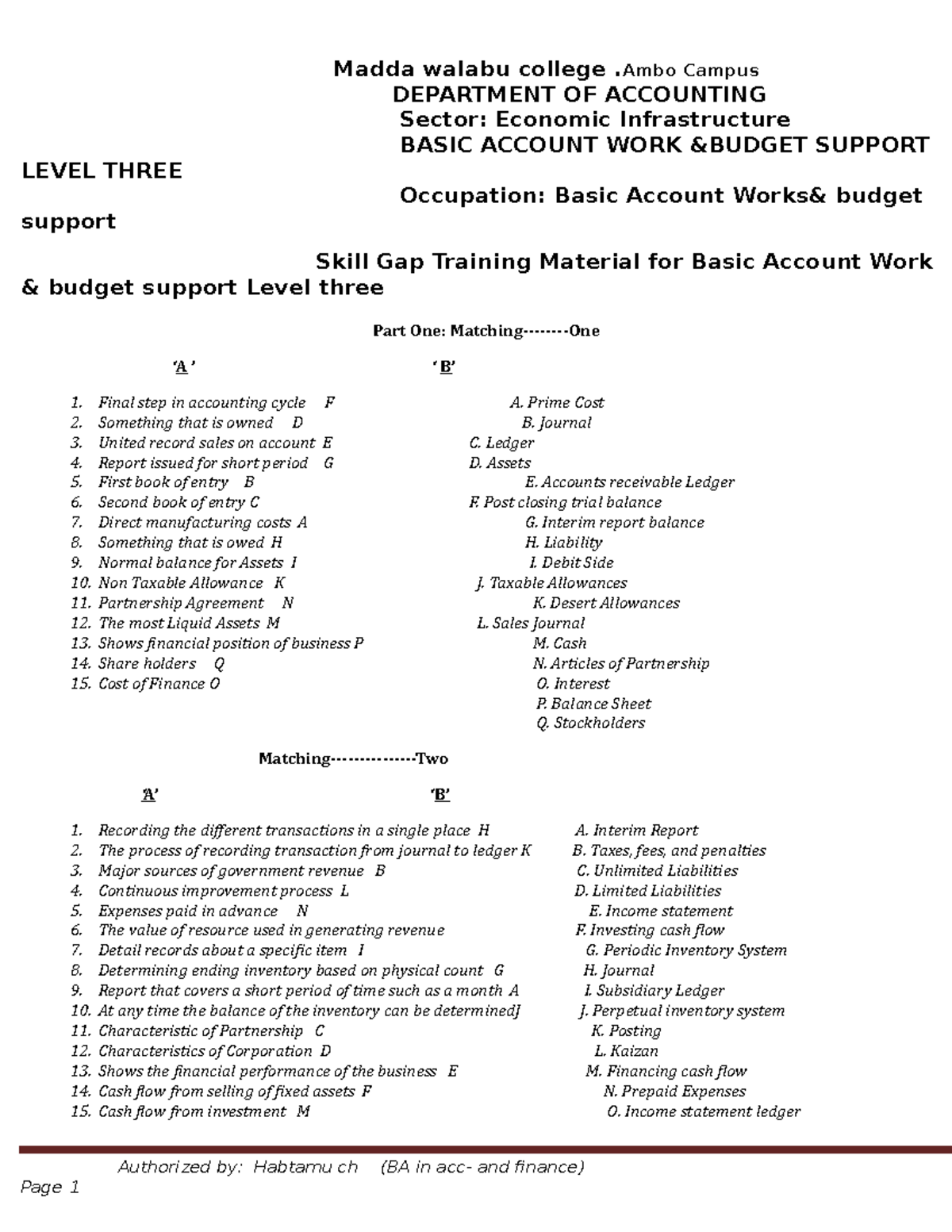 Matching part - COC - DEPARTMENT OF ACCOUNTING Sector: Economic ...