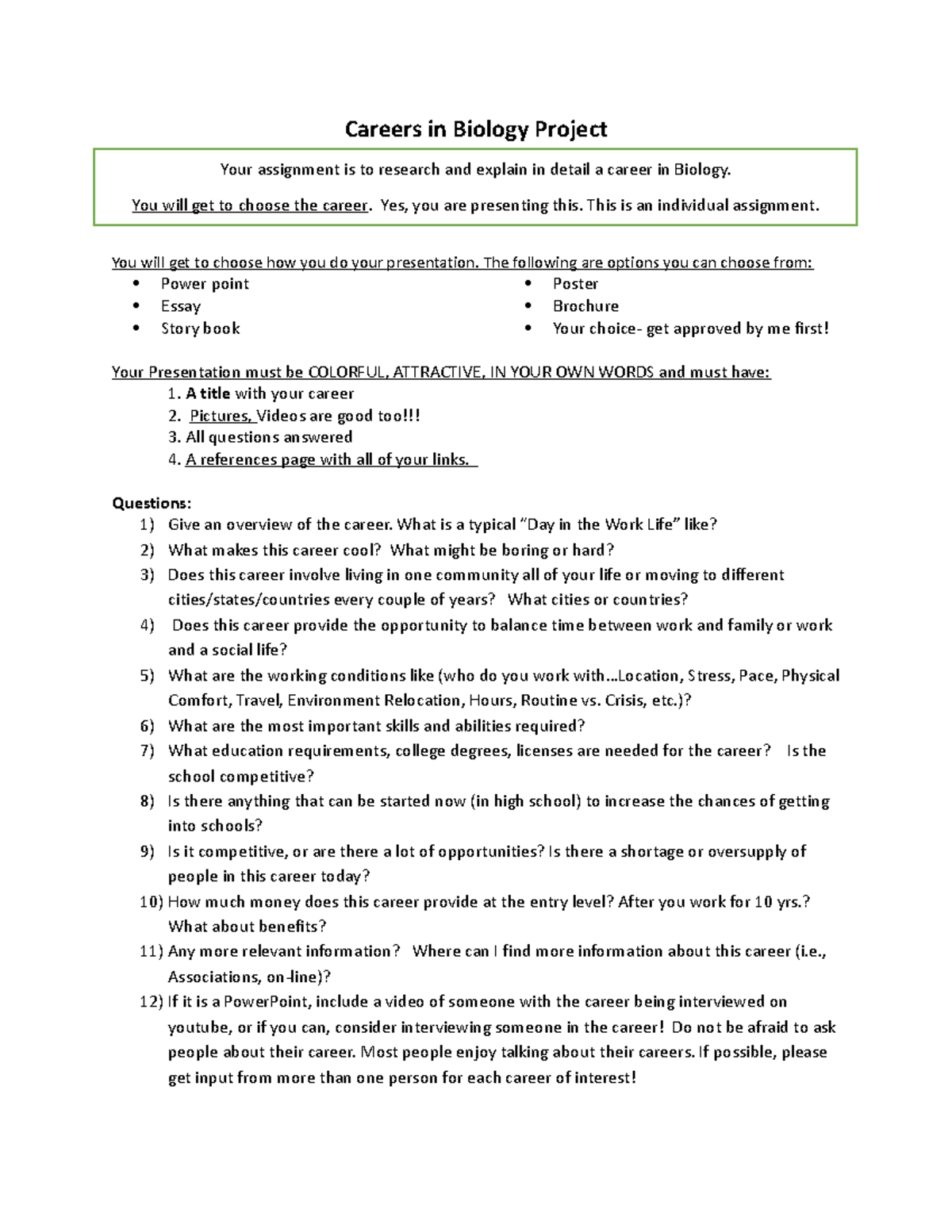 Careers in Biology student COPY - Careers in Biology Project Your ...