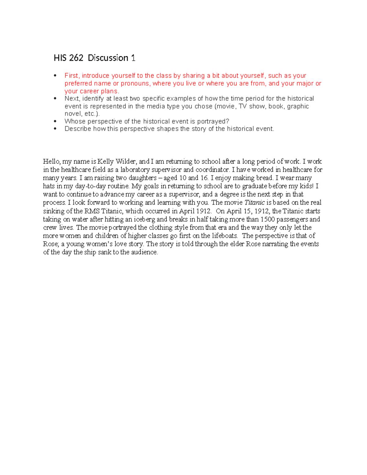 HIS 262 Discussion 1 - HIS 262 Discussion 1 First, introduce yourself ...