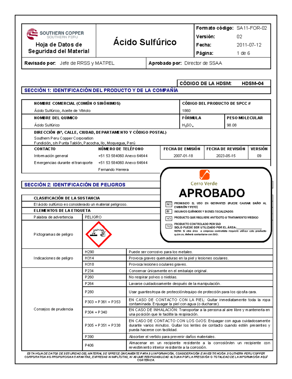 FDS Acido Sulfurico SMCV - Hoja de Datos de Seguridad del Material ...