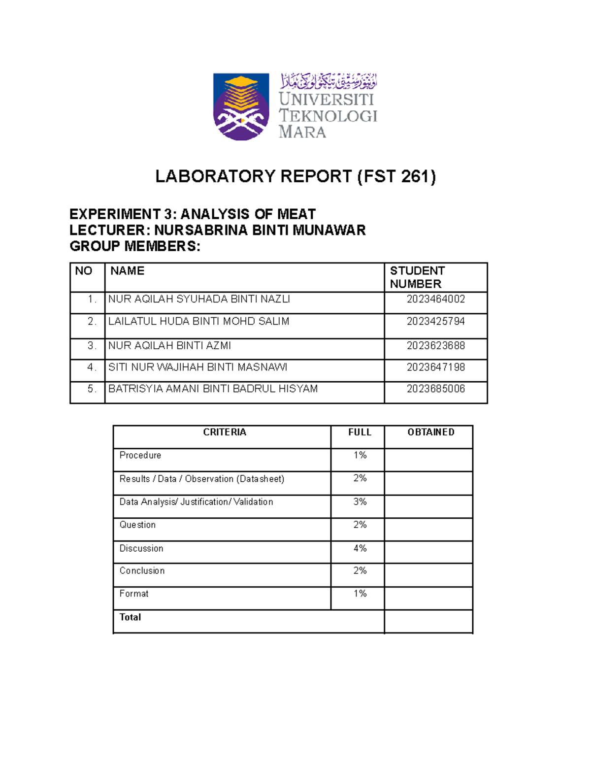 FST261 LAB Report Experiment 3 - LABORATORY REPORT (FST 261) EXPERIMENT 3: ANALYSIS OF MEAT ...