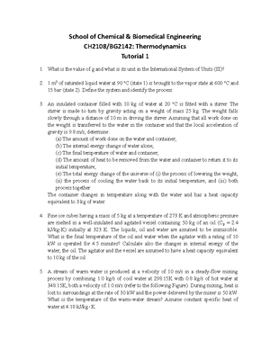 Tutorial 2 - School of Chemical & Biomedical Engineering CH2108/BG2142: Thermodynamics Tutorial ...