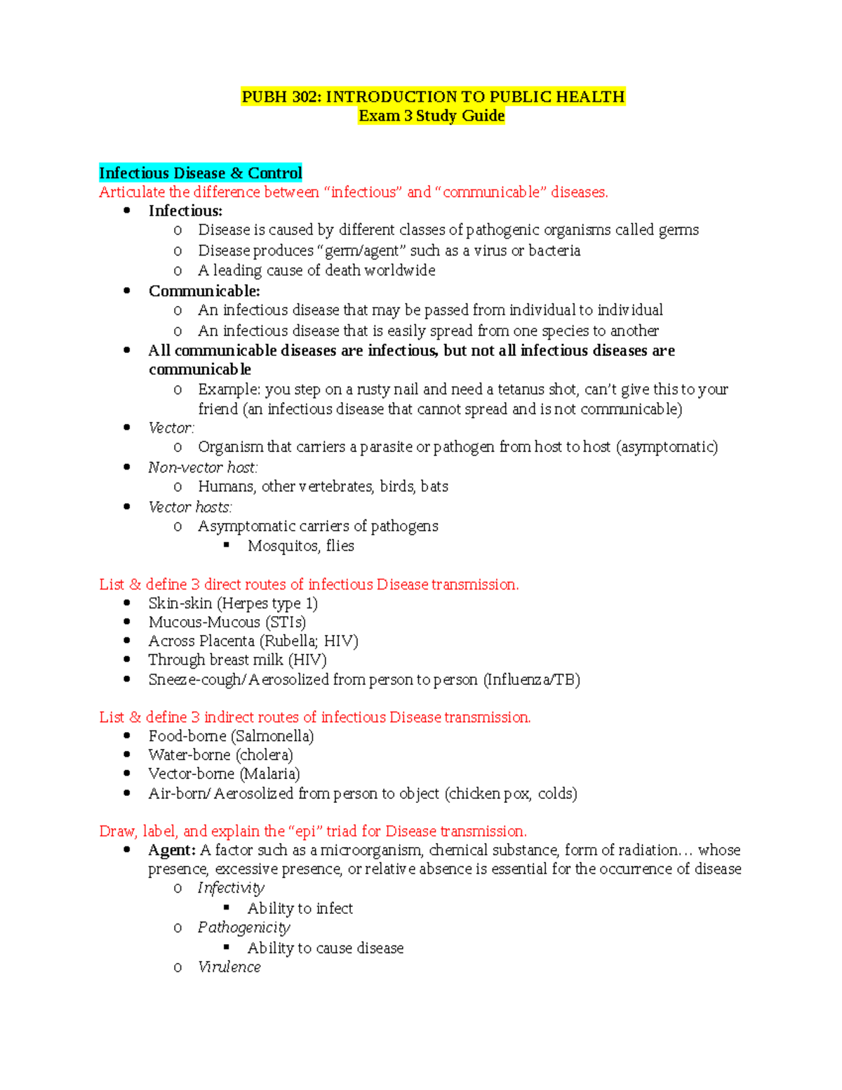 PUBH302 Exam3 Study Guide 3 - PUBH 302: INTRODUCTION TO PUBLIC HEALTH Exam 3 Study Guide ...