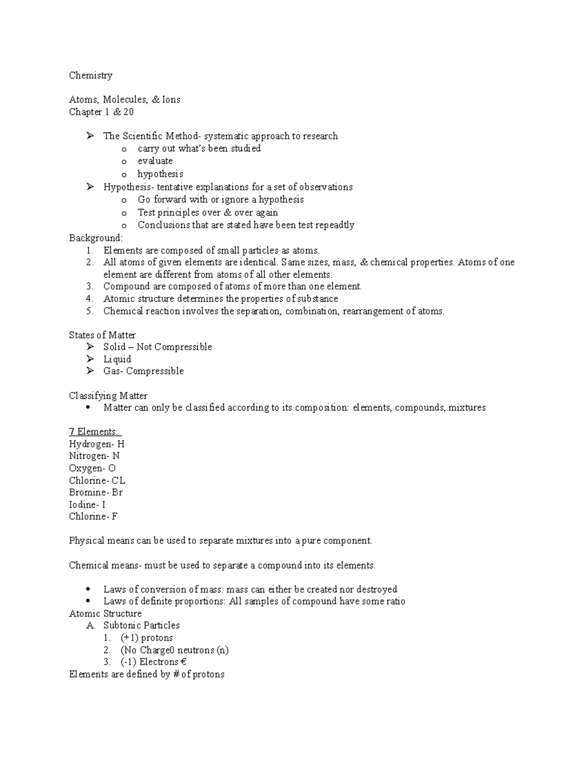 Chemistry notes - Chemistry Atoms, Molecules, & Ions Chapter 1 & 20 The ...