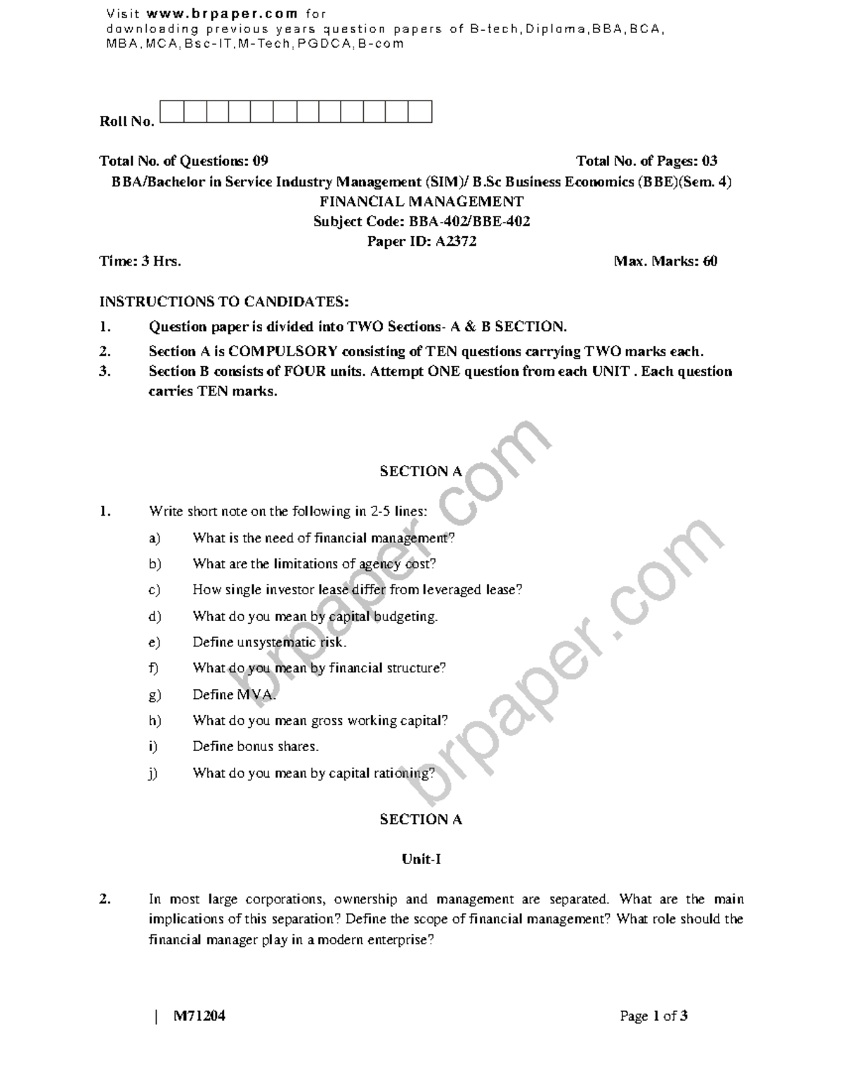 FM(4th)Dec2017 - Question - | M71204 Page 1 of 3 Roll No. Total No. of Questions: 09 Total No ...