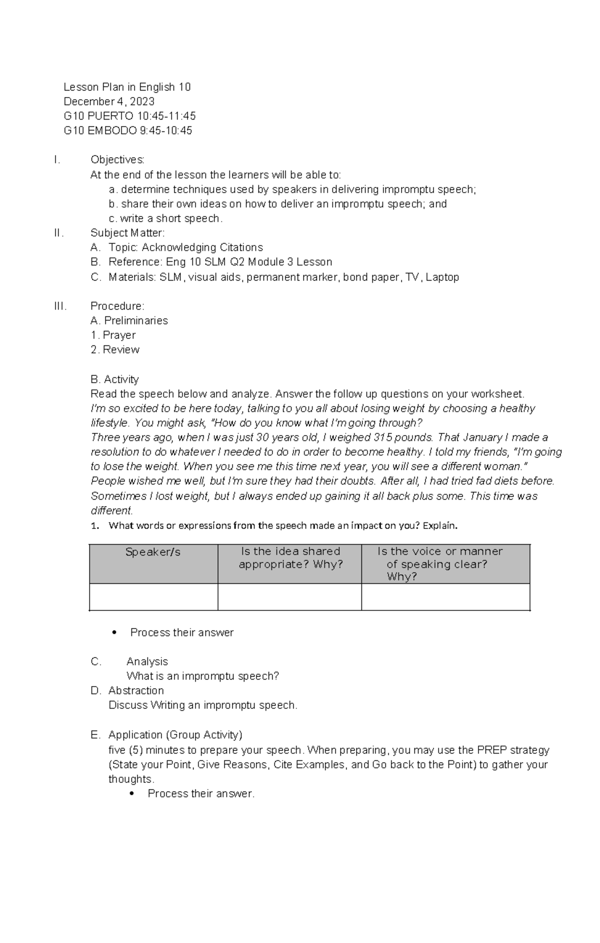 Techniques in impromptu speech - Lesson Plan in English 10 December 4 ...
