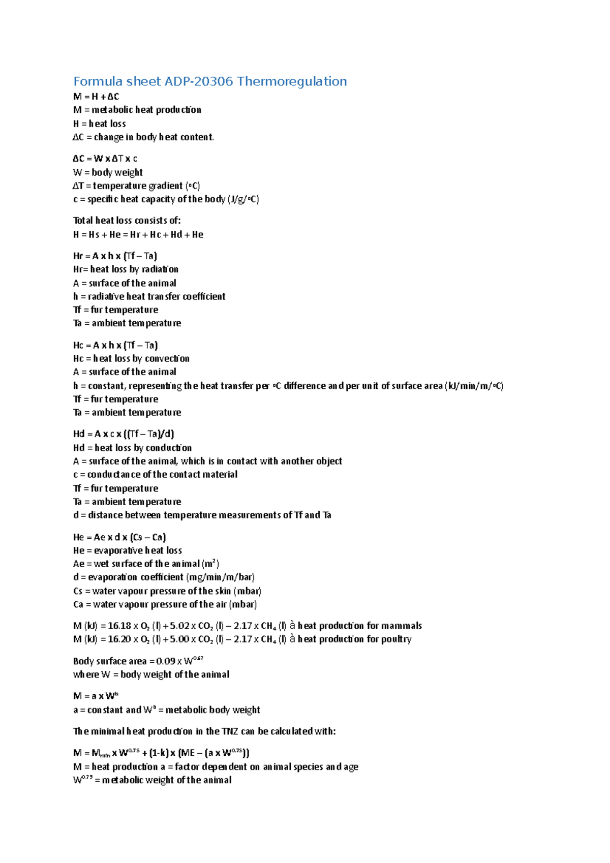 Formula sheet ADP - overzicht van de formules die nodig zijn - Formula ...