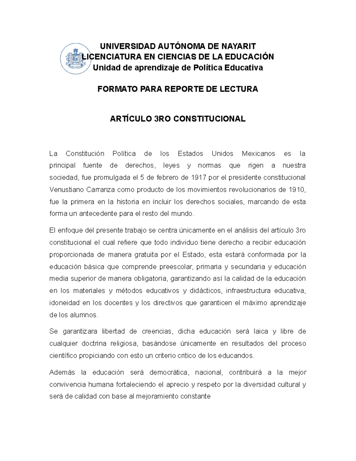 Reporte de lectura Articulo 3ro Constitucional - UNIVERSIDAD AUTÓNOMA ...