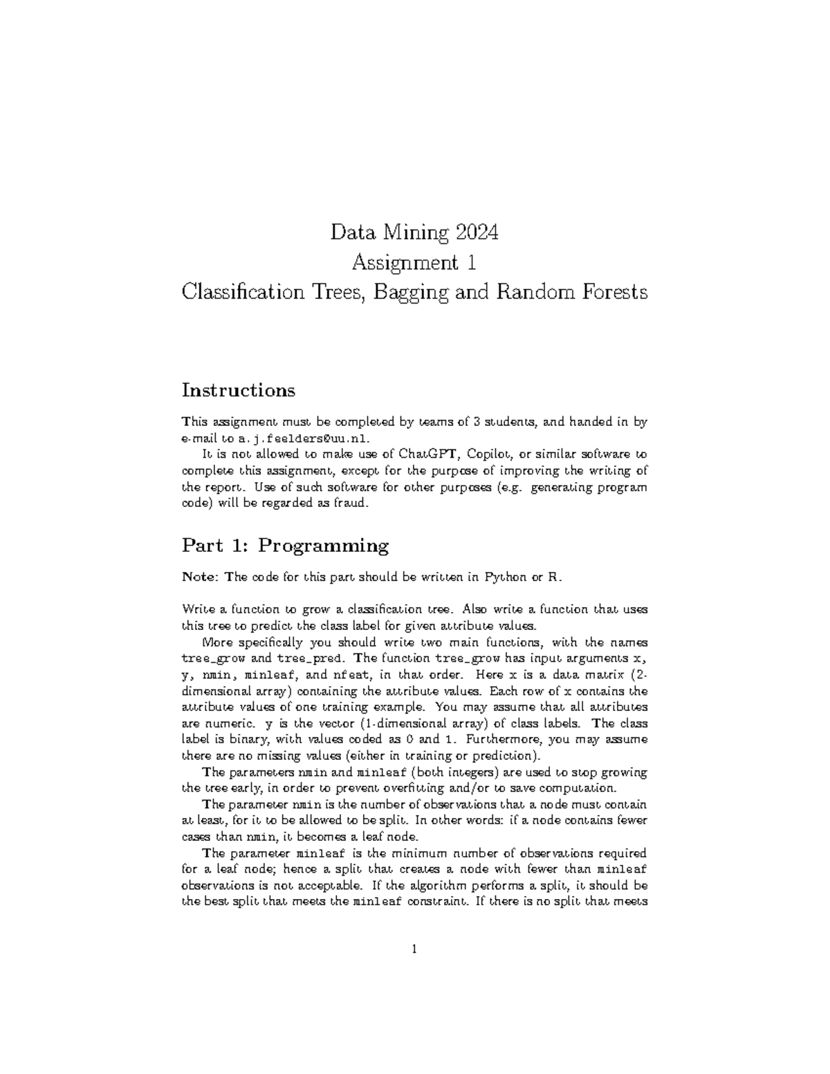 Assignment 1-2024 - Data Mining 2024 Assignment 1 Classification Trees, Bagging and Random ...