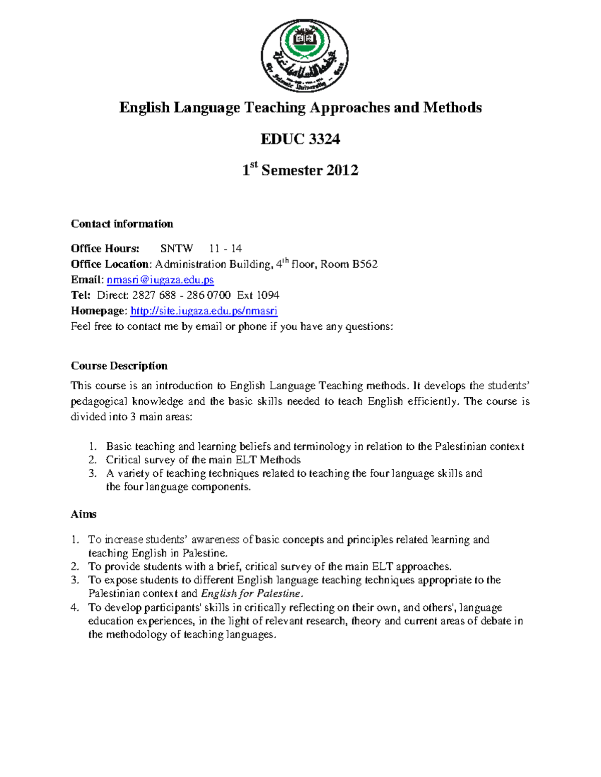 Syllabus ELT Approaches Methods 2012 - English Language Teaching ...