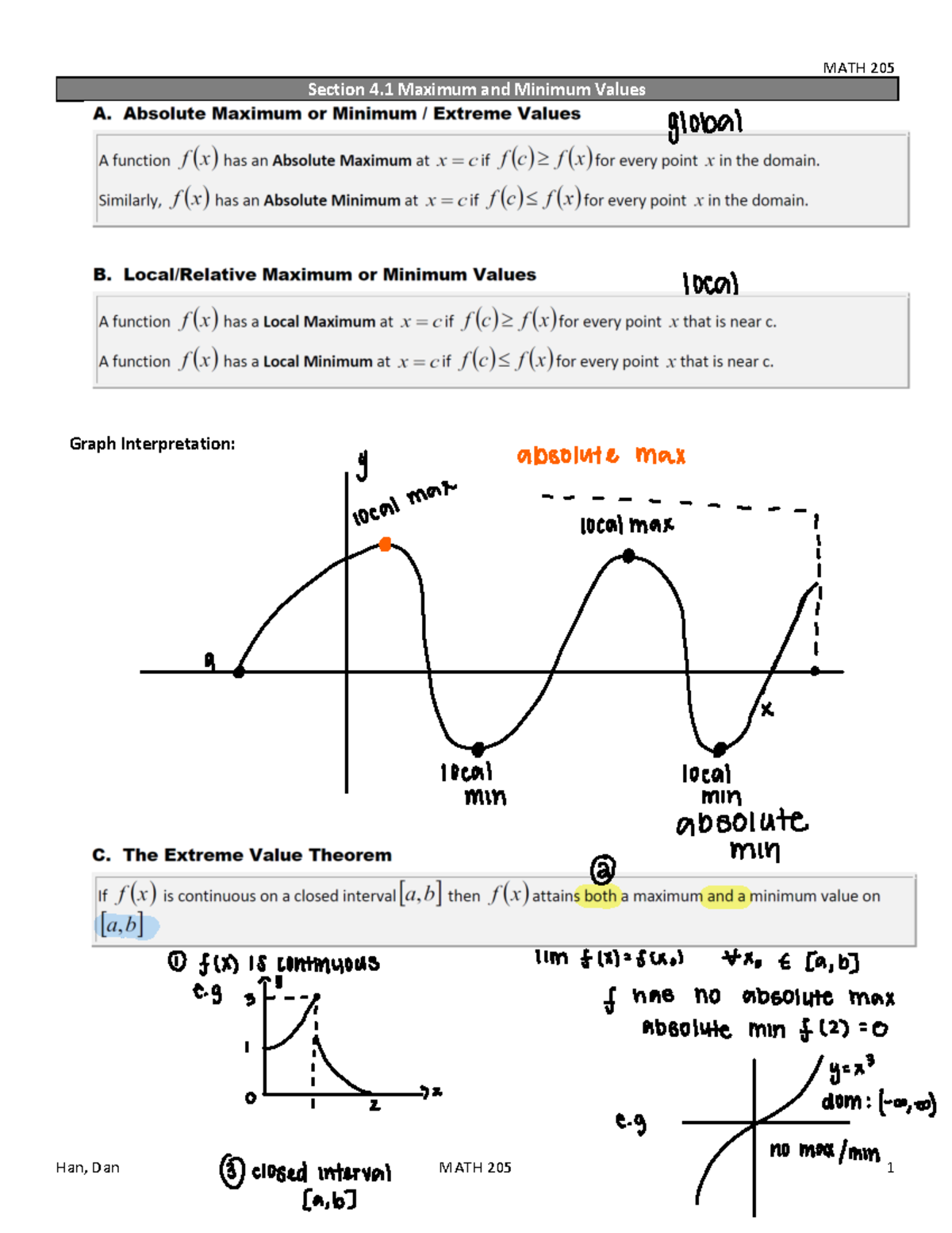 Section 4.1 Maximum and Minimum Values - Han, Dan MATH 205 1 Section 4 ...