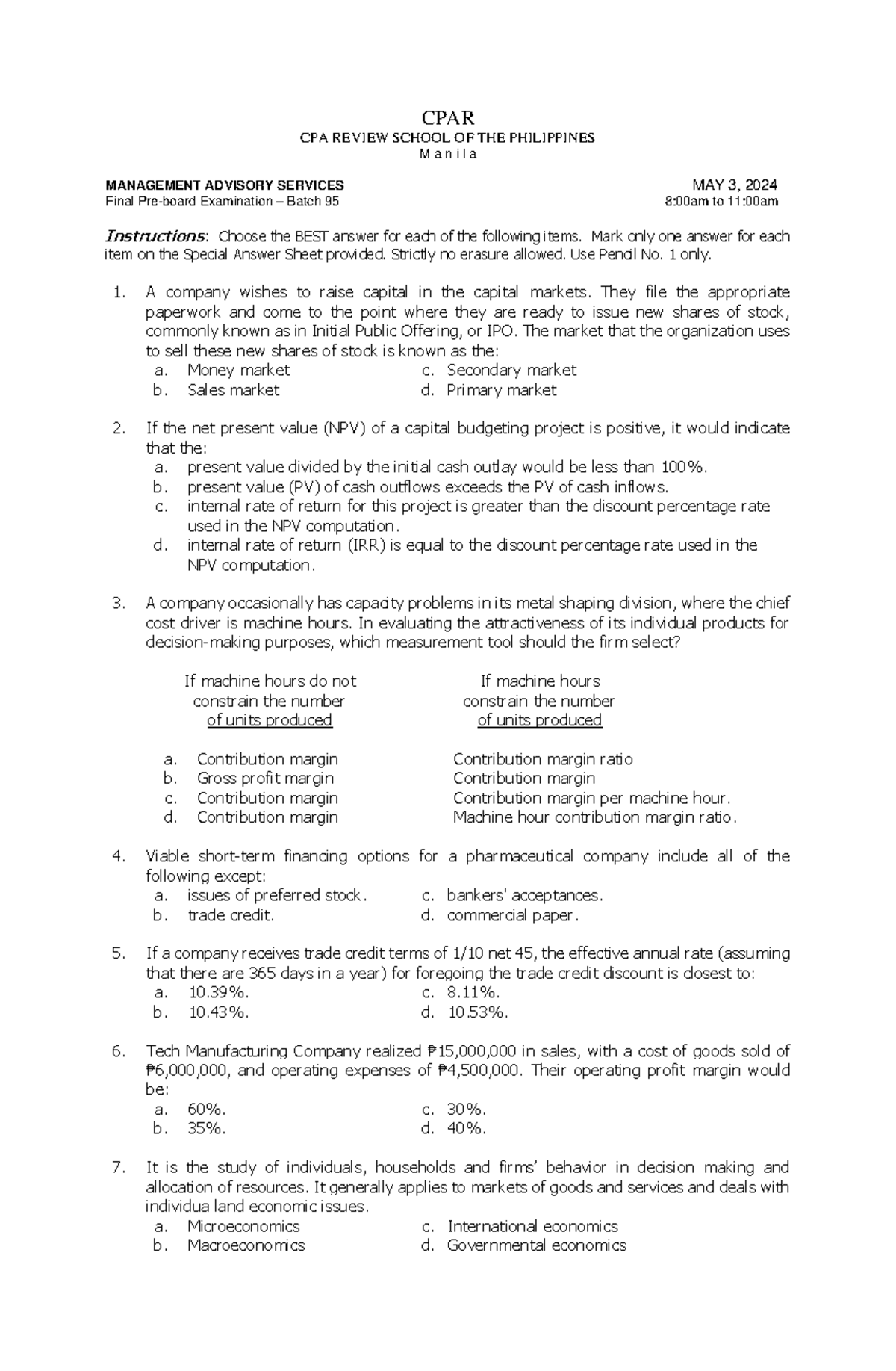 MAS - CPA Exam Preboard - CPAR CPA REVIEW SCHOOL OF THE PHILIPPINES M a ...