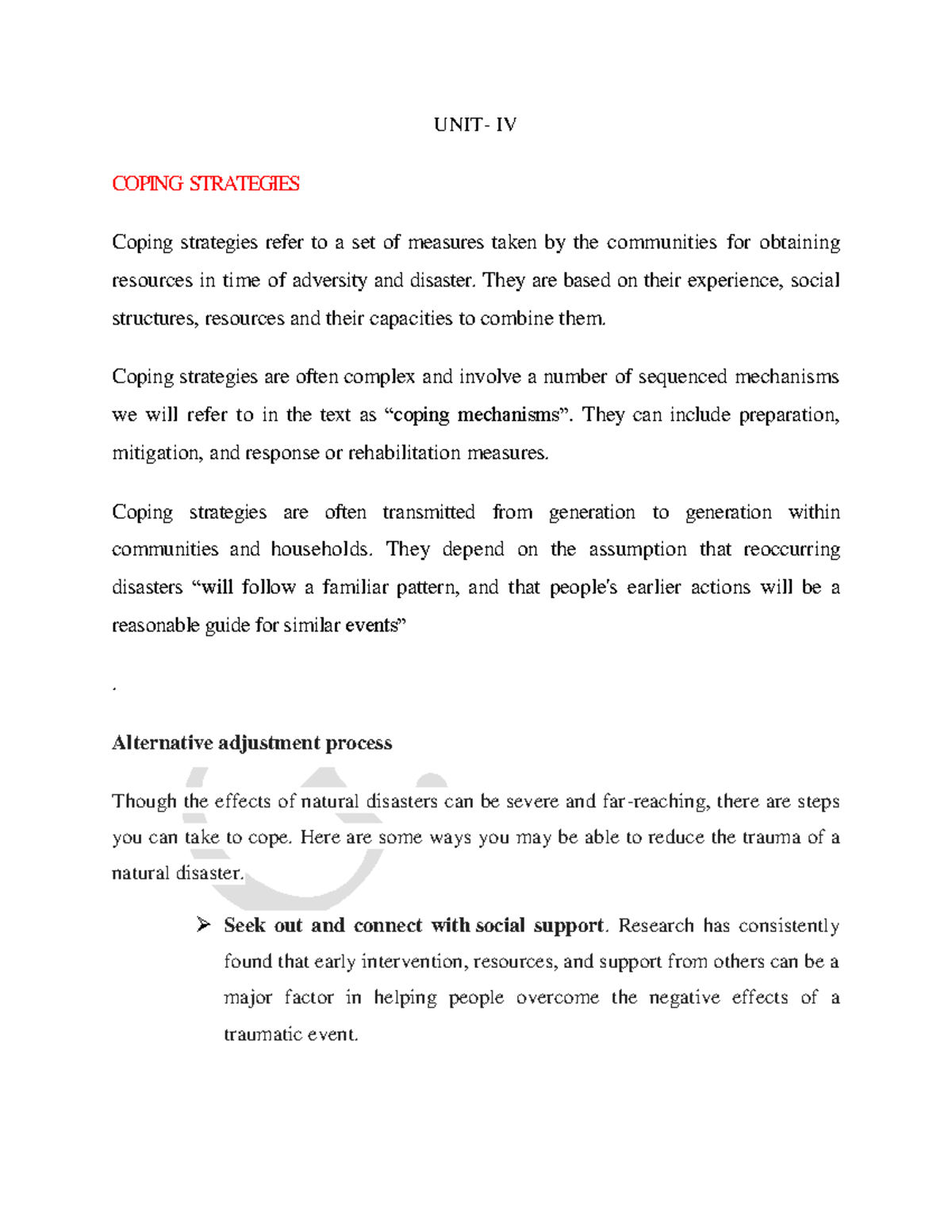 DPPM UNIT - IV - UNIT- IV COPING STRATEGIES Coping strategies refer to ...