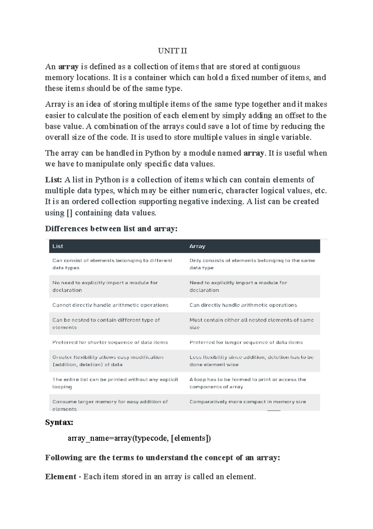 Unit 2 notes - unit 2 of python cmrtc - UNIT II An array is defined as ...