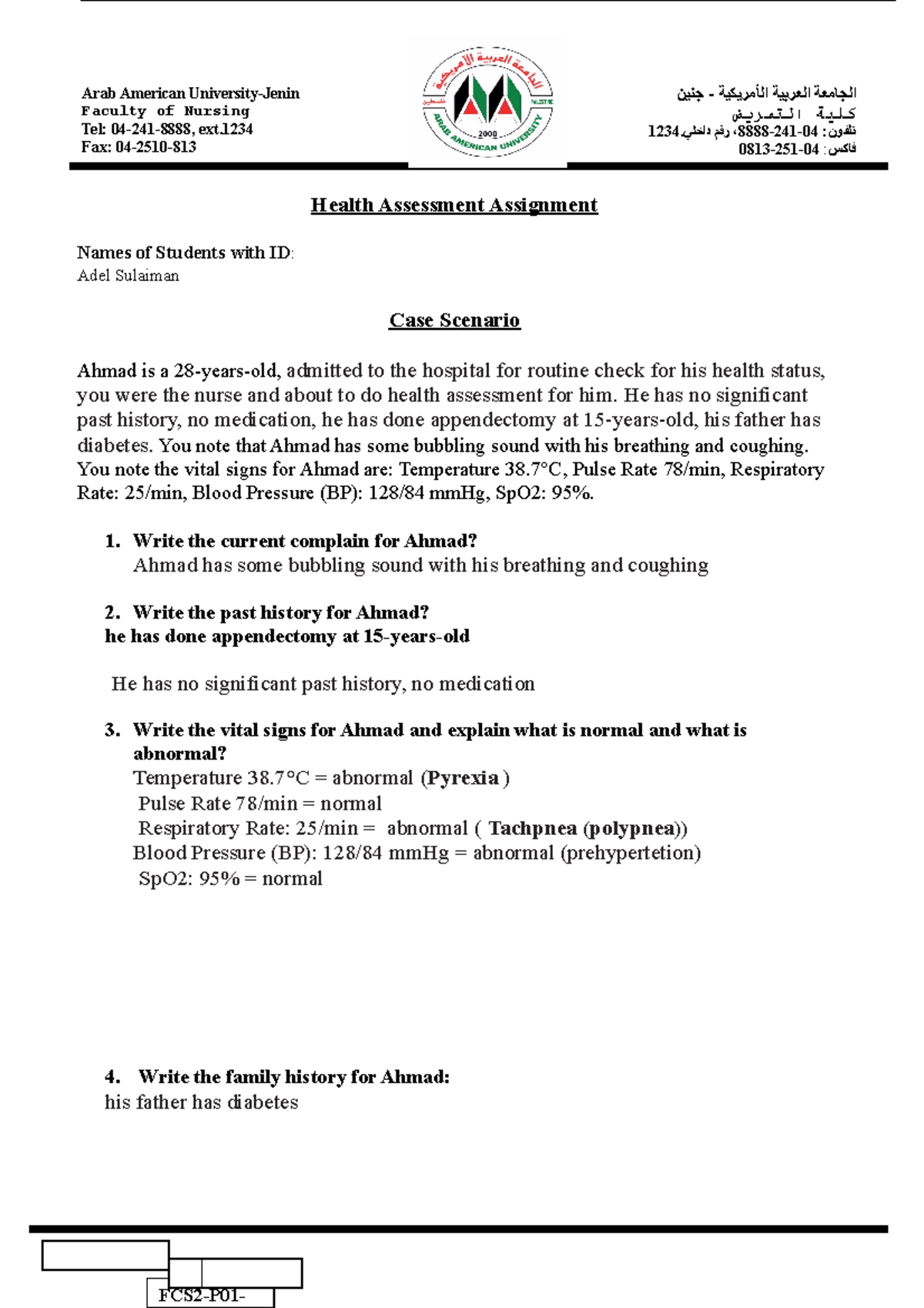 Health Assessment Assignment 2 - Arab American University-Jenin Faculty ...