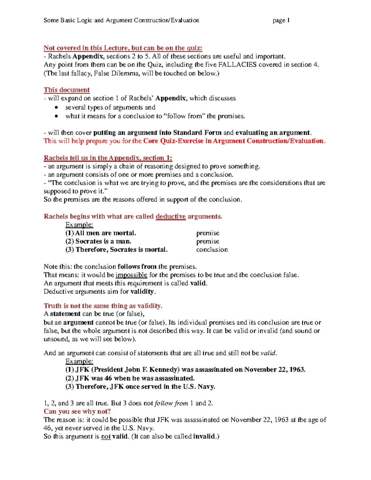Some Basic Logic and Argument Construction Evaluation - Not covered in this Lecture, but can be ...