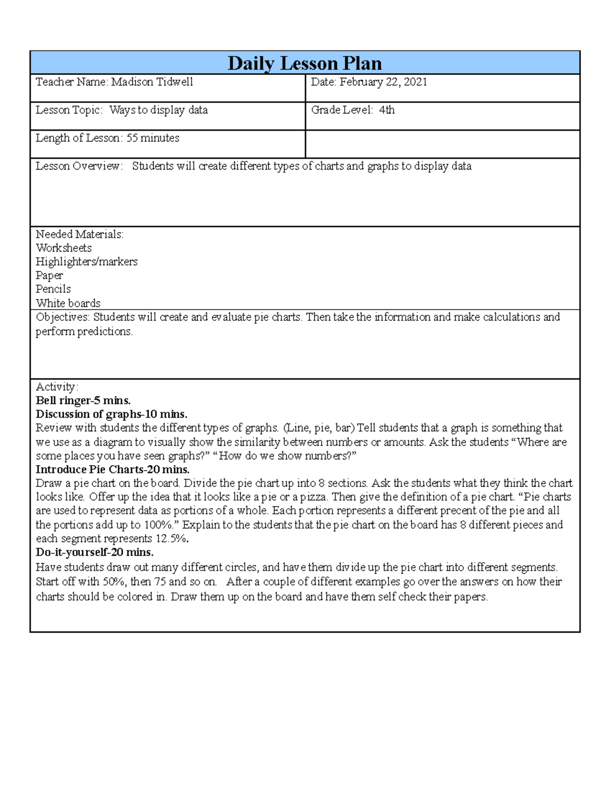 Disply data lesson plan - Daily Lesson Plan Teacher Name: Madison ...