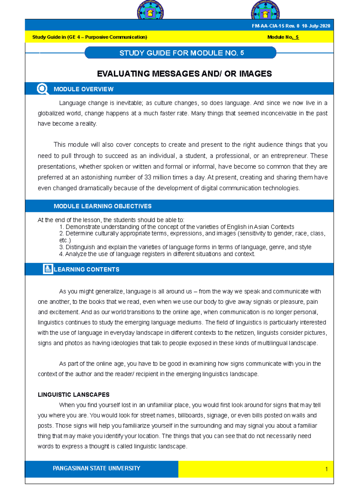 Study Guide 5 - GE 4 - purcom - PANGASINAN STATE UNIVERSITY Study Guide in (GE 4 – Purposive ...