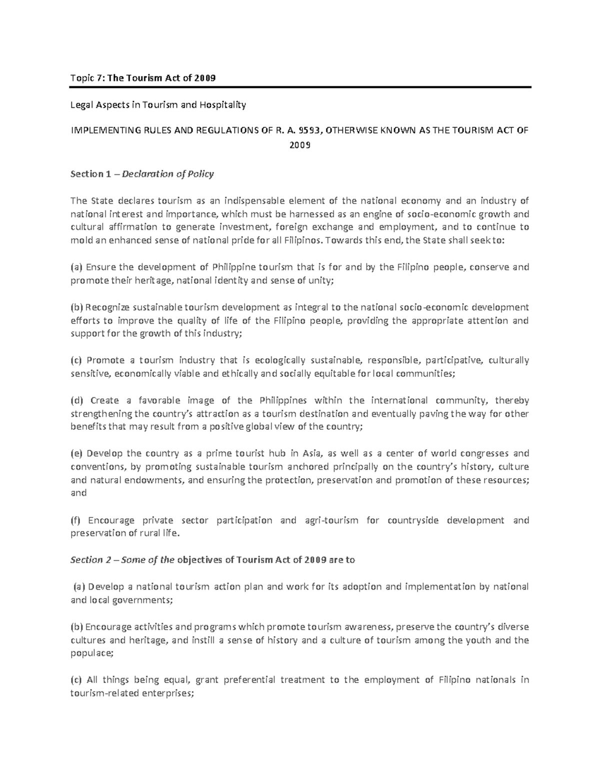 Wk 7 Lecture 1 - The Tourism Act of 2009 - Topic 7: The Tourism Act of ...