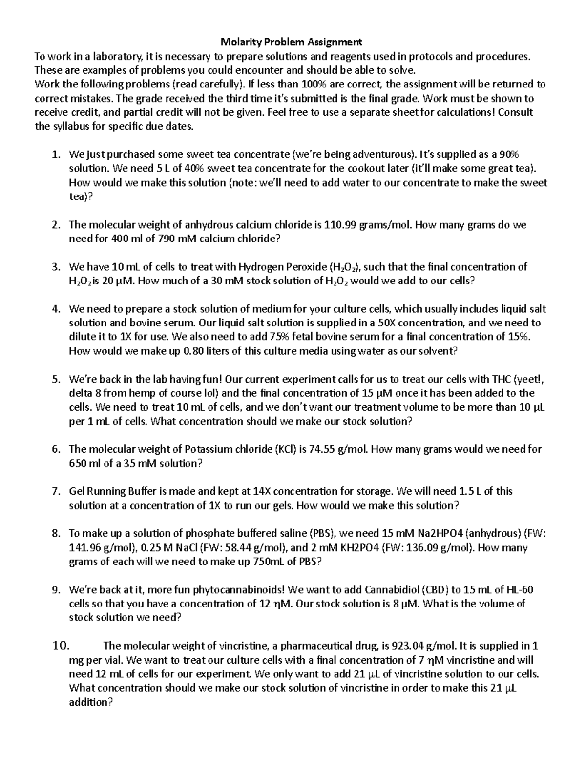 Molarity Problem Assignment - These are examples of problems you could ...