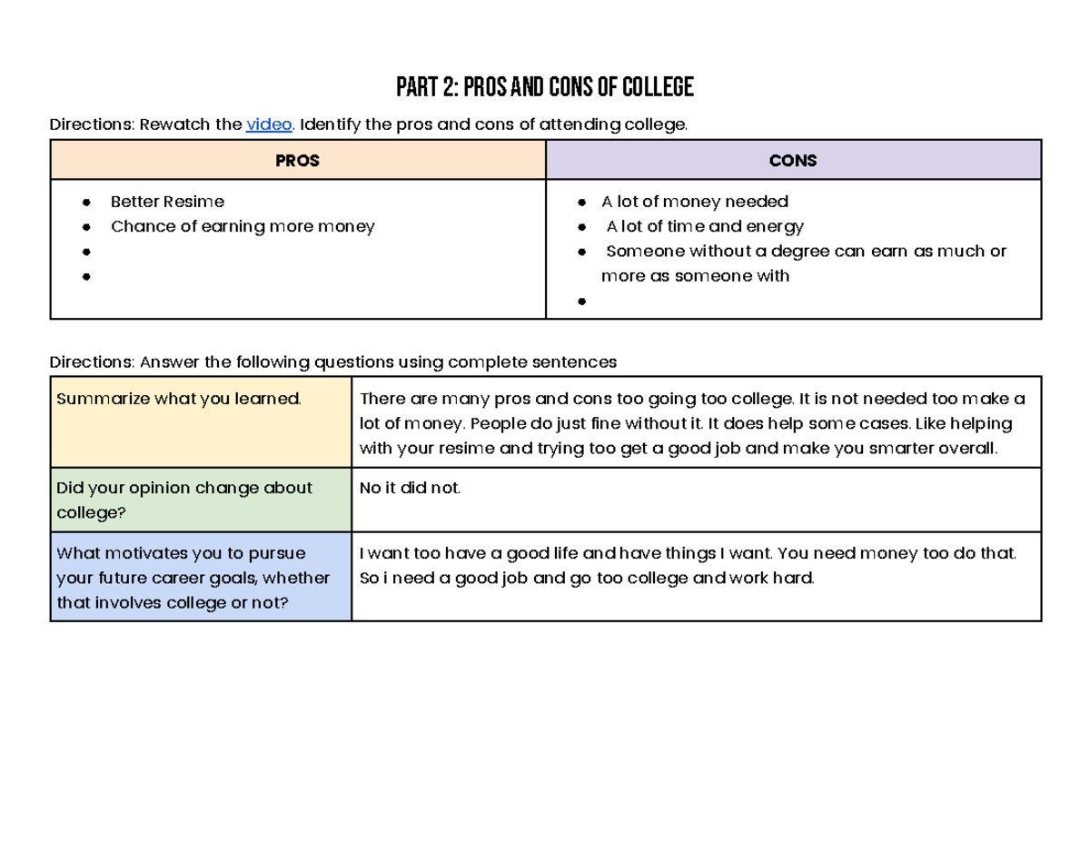 Copy of 10TH Grade Part 2 Pros and Cons - Part 2: PROs and cons of college Directions: Rewatch ...