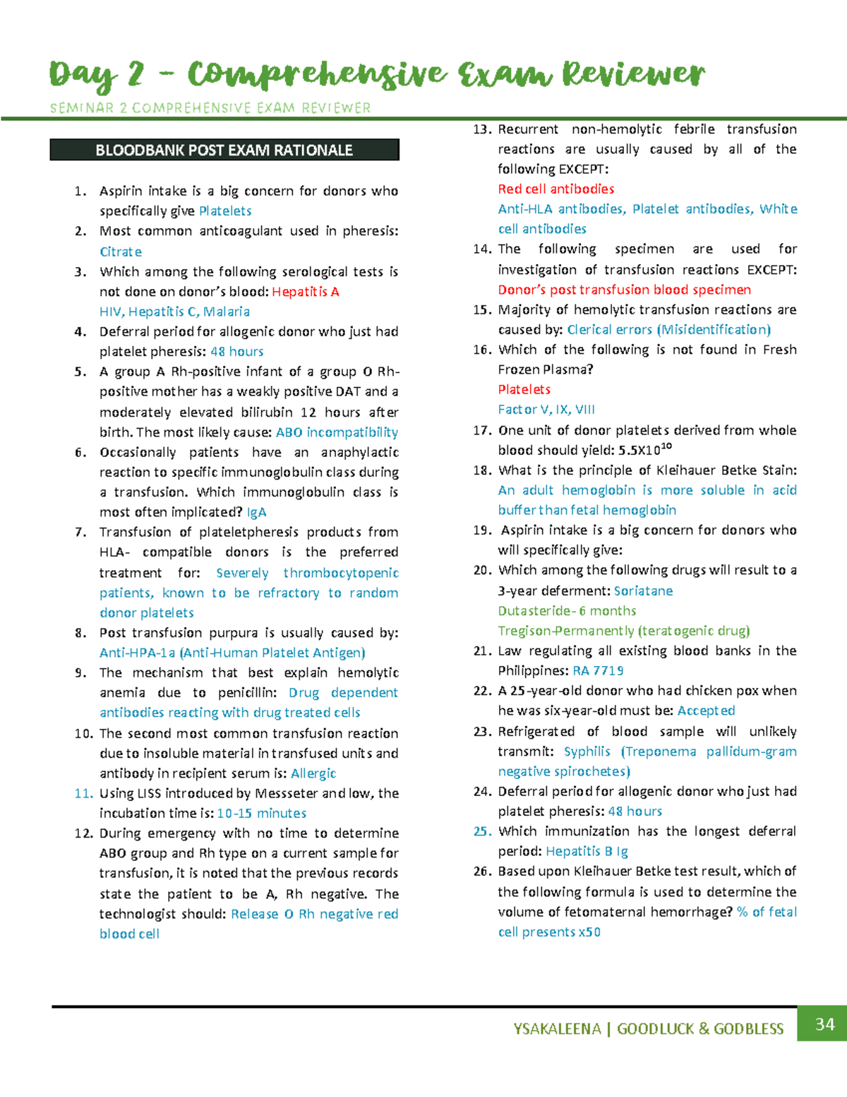 BB- Ratio - SEMINAR 2 COMPREHENSIVE EXAM REVIEWER BLOODBANK POST EXAM ...