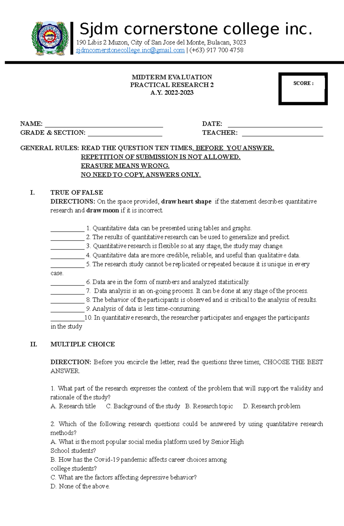 EXAM- Format-SHS - hs s f h sudns - Sjdm cornerstone college inc. 190 ...