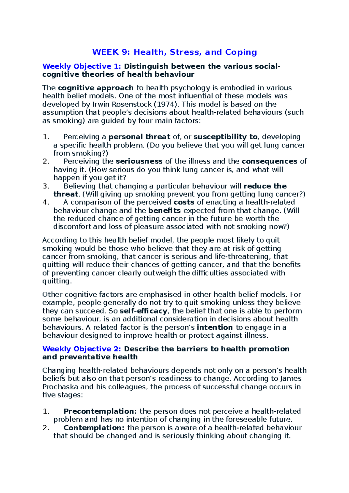 Week 9 Summary, including weekly objectives - WEEK 9: Health, Stress ...