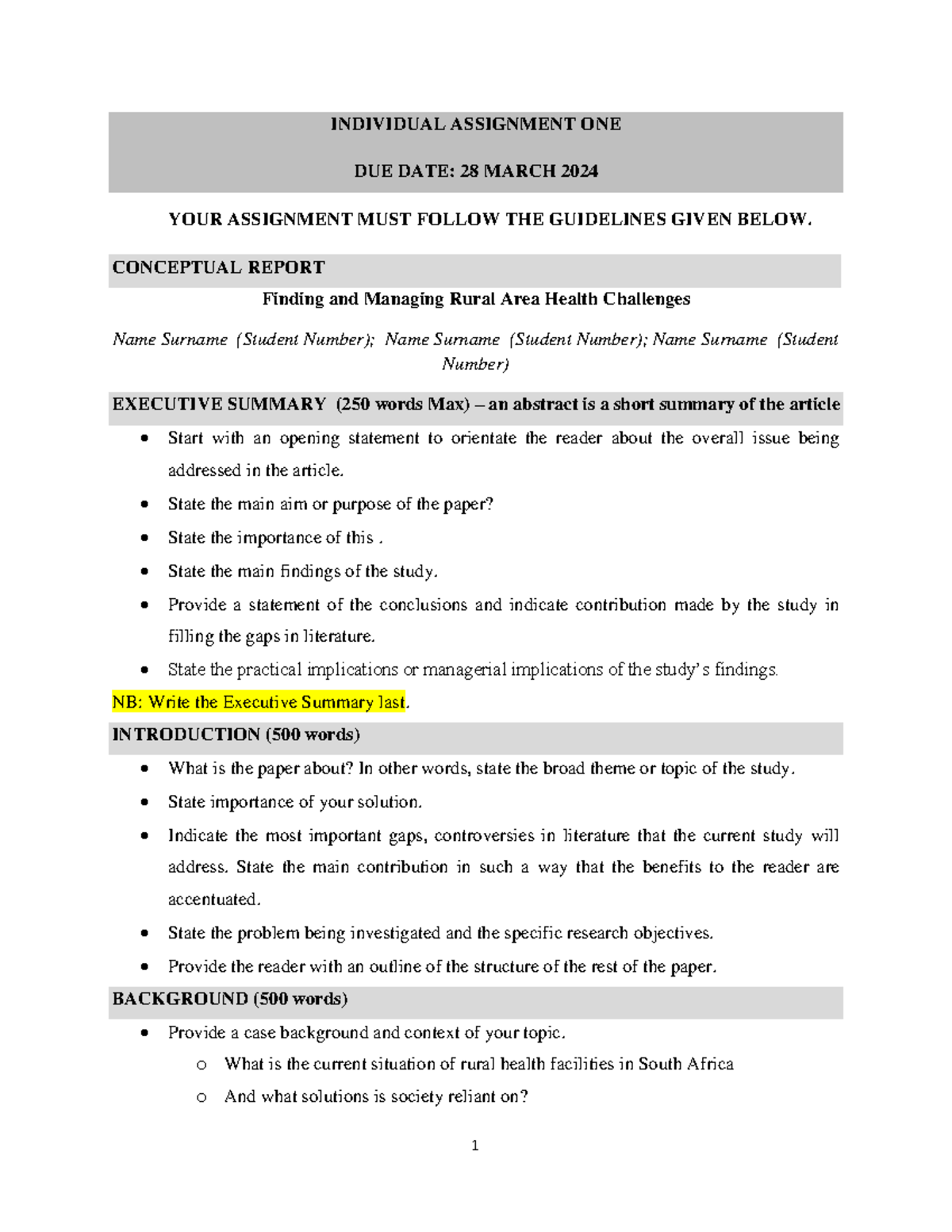 Assignment ONE Brief - 1 INDIVIDUAL ASSIGNMENT ONE DUE DATE: 28 MARCH ...