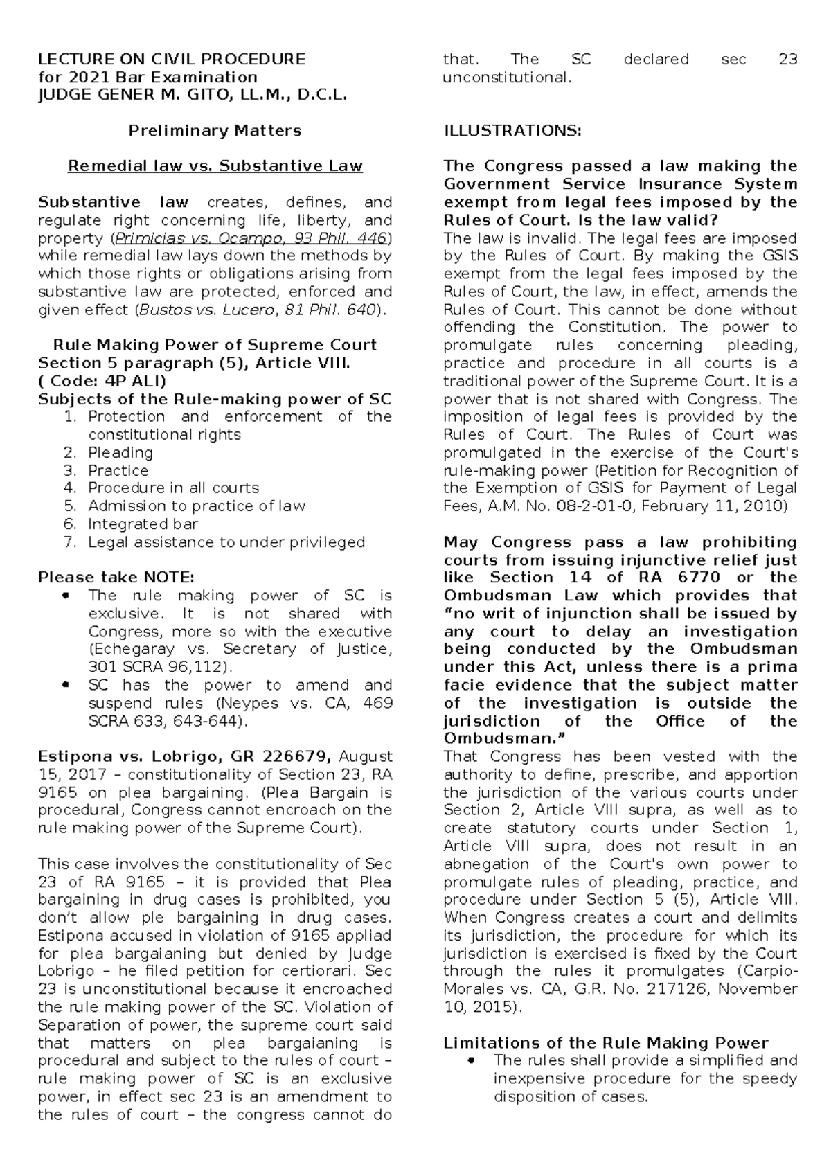 Lecture ON Civil Procedure - LECTURE ON CIVIL PROCEDURE for 2021 Bar Examination JUDGE GENER M ...