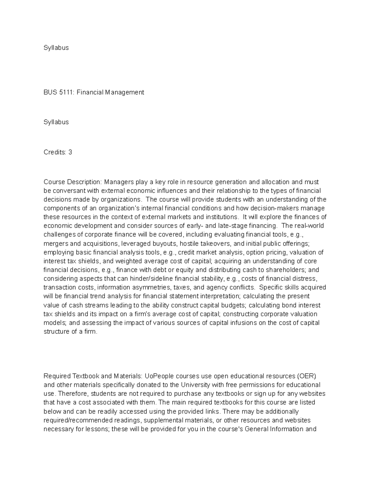 BUS 5111 Financial Management Learning Jounal 1 Syllabus Syllabus 