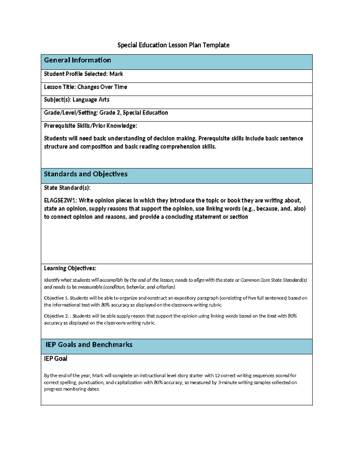 WGU Special Education Lesson Plan - Special Education Lesson Plan ...
