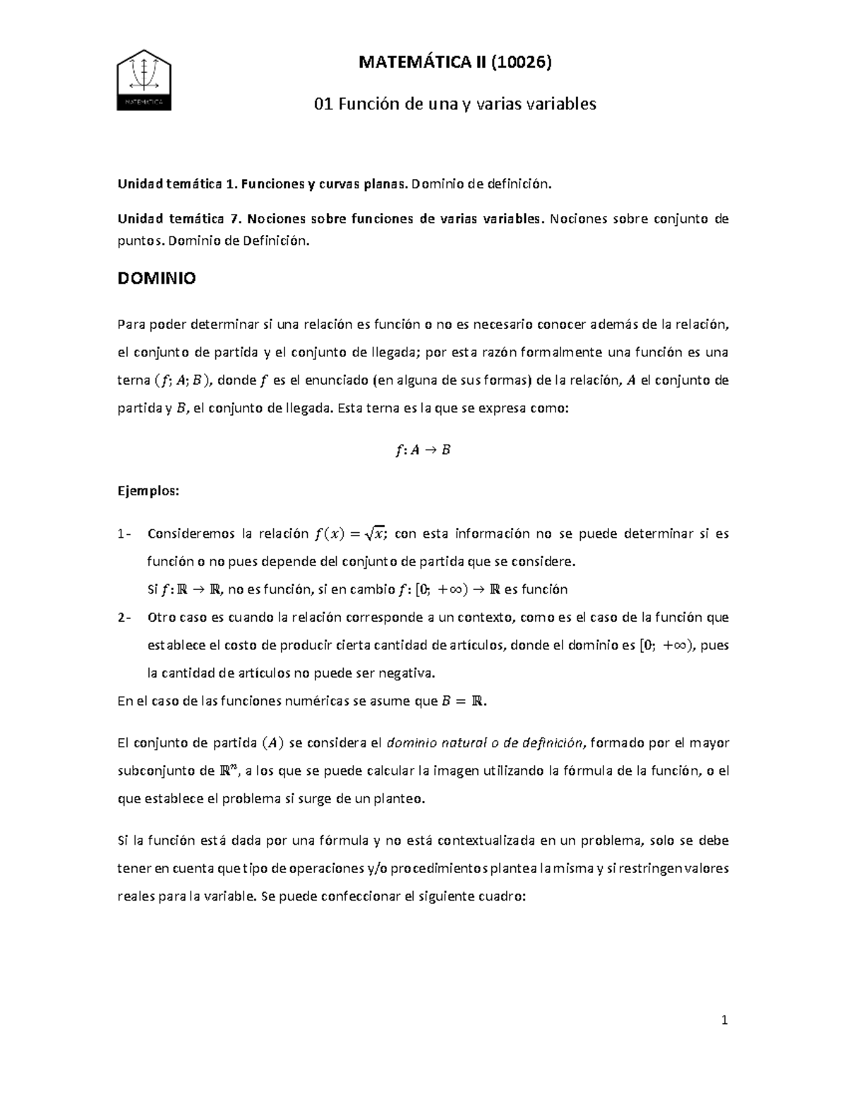 01 Funcion de una y varias variables Dominio - 01 FunciÛn de una y varias variables Unidad tem ...