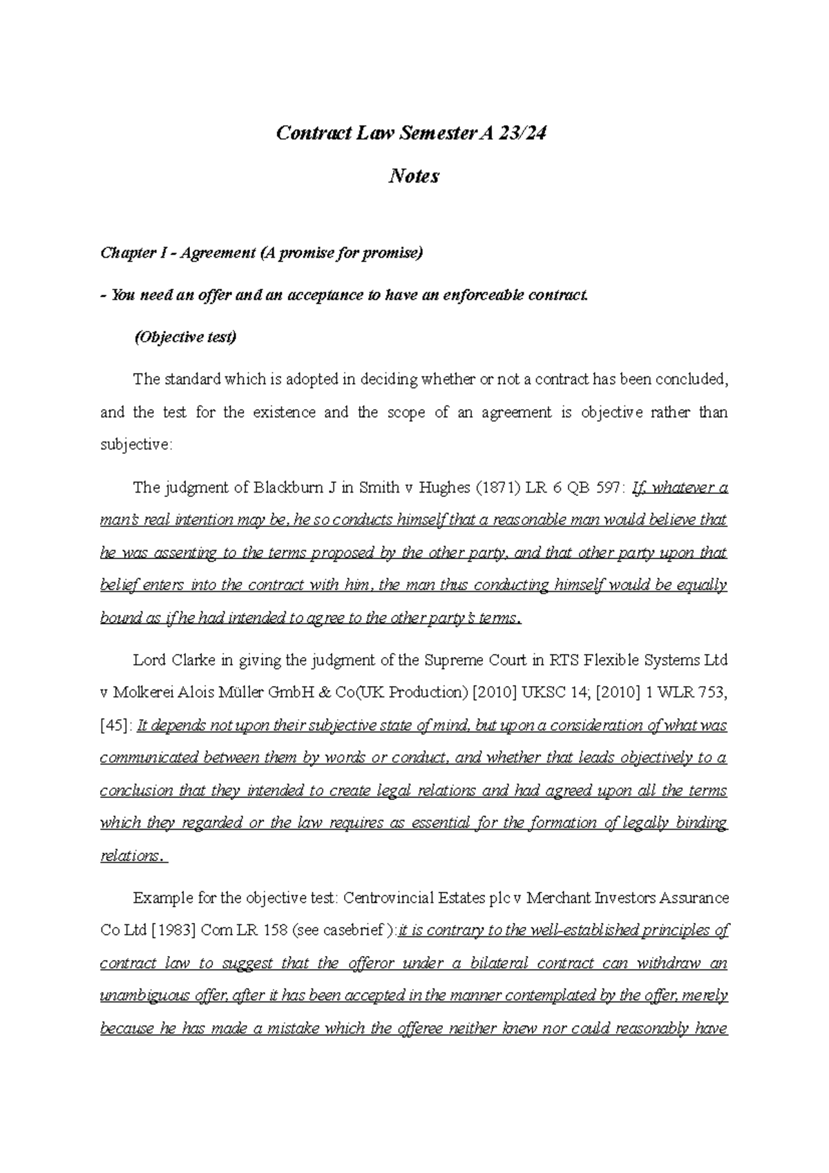 Contract Law Semester A 23 - (Objective test) The standard which is ...