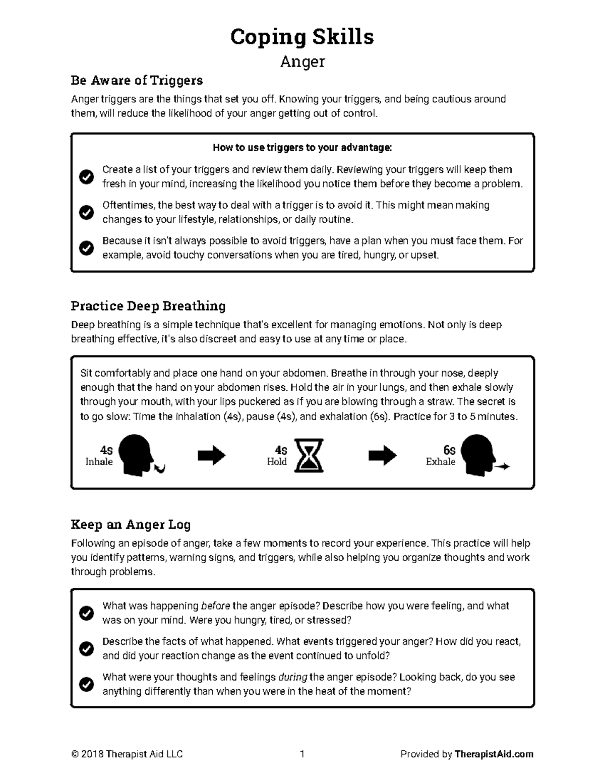 Coping Skills for Anger - Coping Skills Anger © 2018 Therapist Aid LLC ...