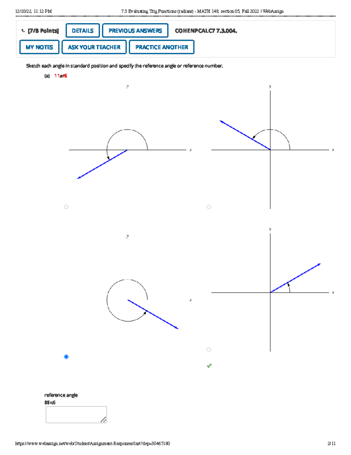 7.3 Evaluating Trig Functions (radians) - MATH 148, section 05, Fall ...