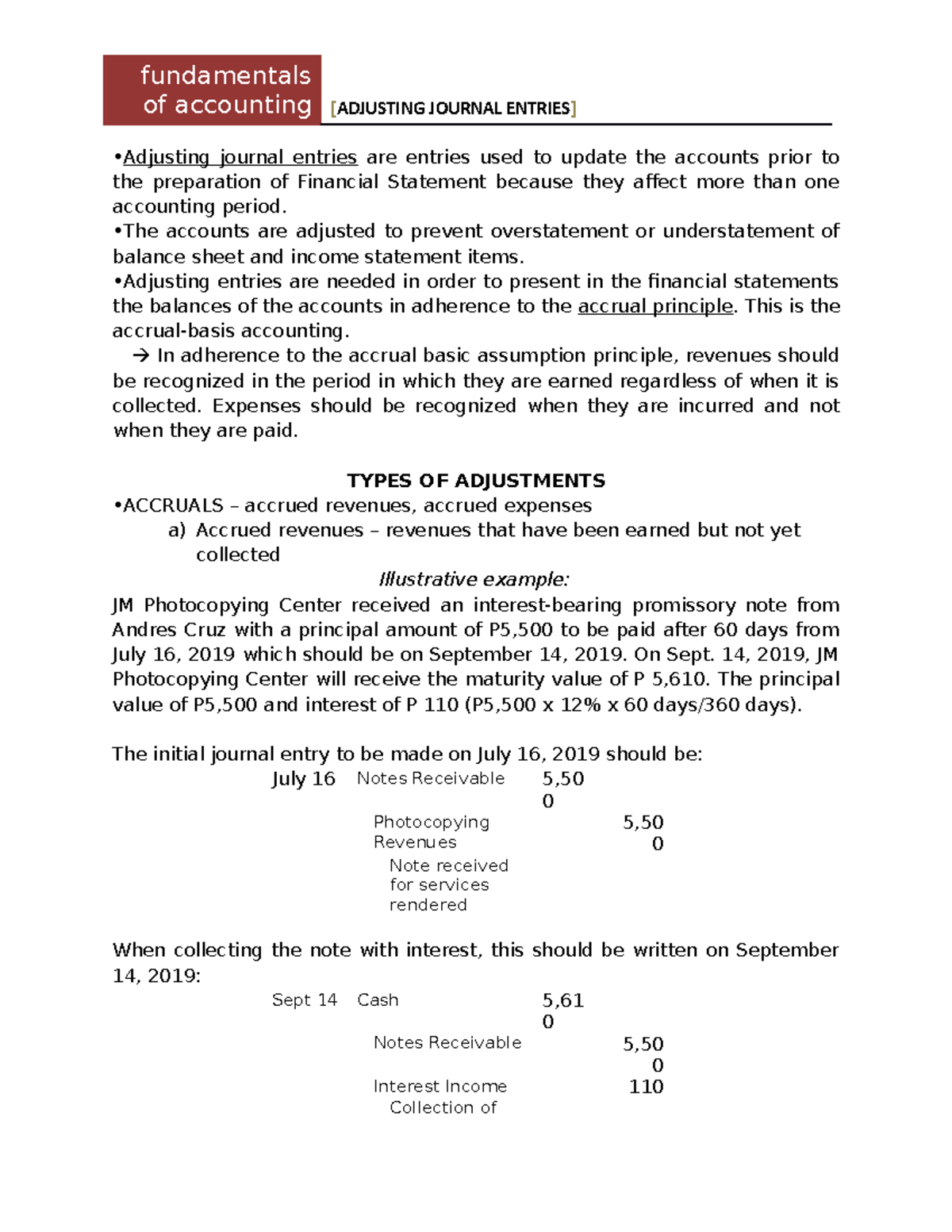 Chapter 5 - of accounting [ADJUSTING JOURNAL ENTRIES] •Adjusting ...