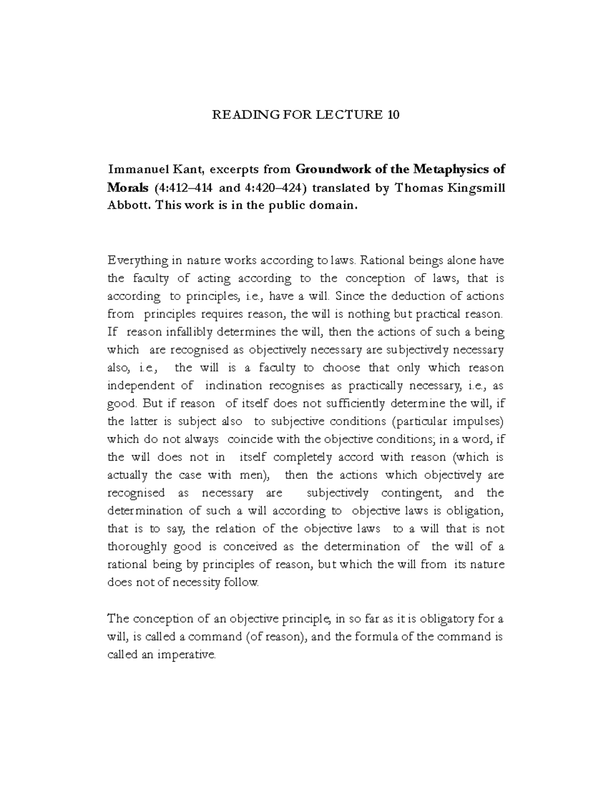 Excerpt Groundwork of Metaphysics of Morals-1 - READING FOR LECTURE 10 ...