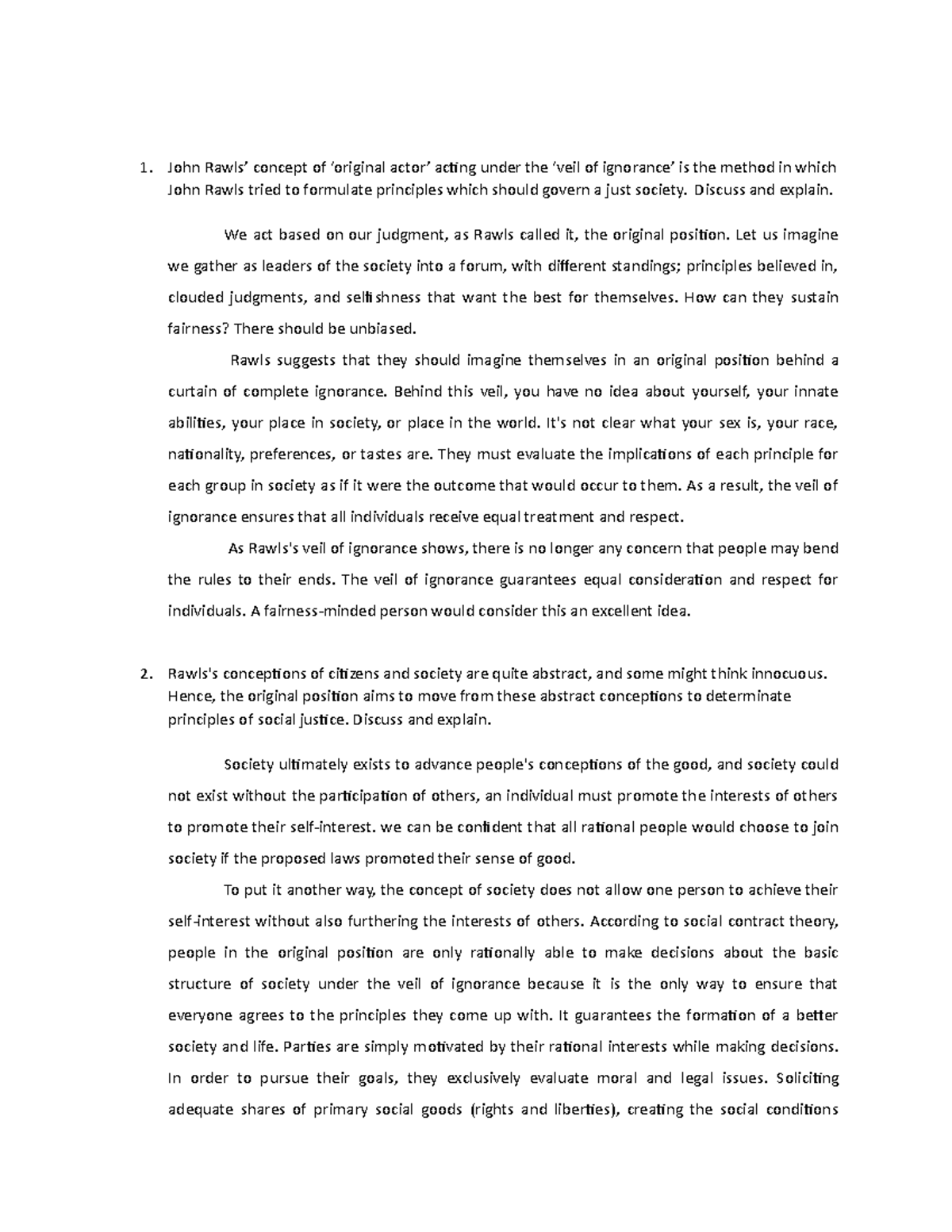 Essay - Rizal - John Rawls’ concept of ‘original actor’ acting under ...