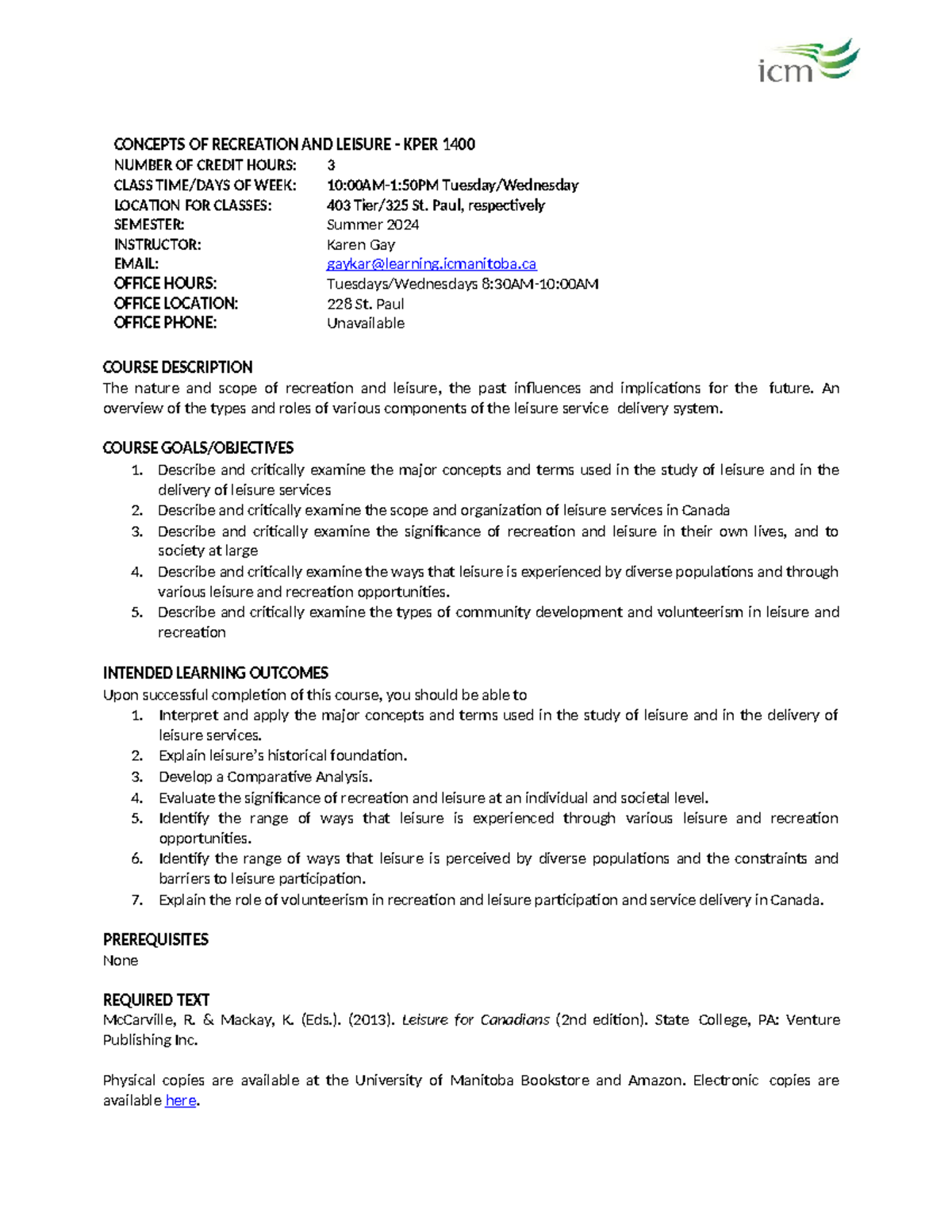 KPER1400 Gaykar Summer 2024 Concepts Of Rec Leisure Outline - CONCEPTS ...