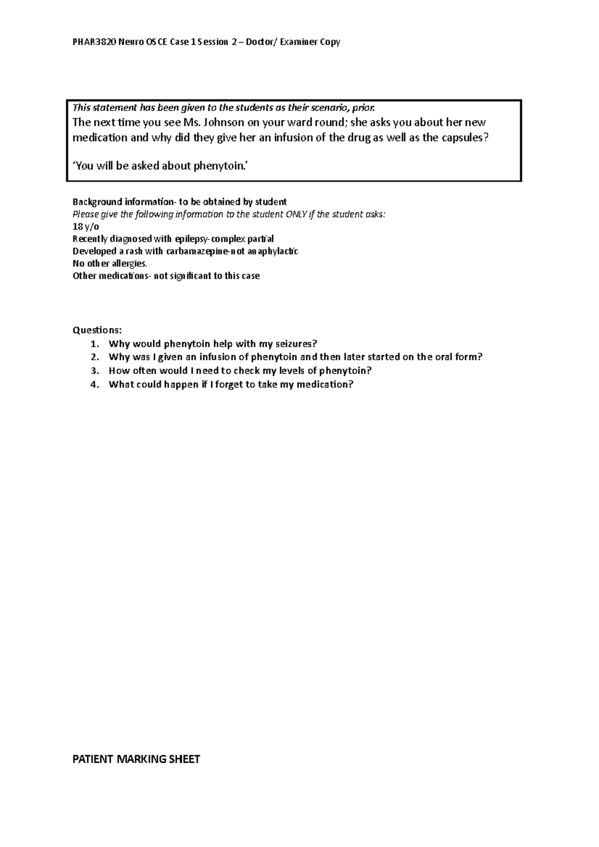 Neuro OSCE Role Play Case 1 Session 2 Doctor-Examiner Copy - PHAR3820 ...