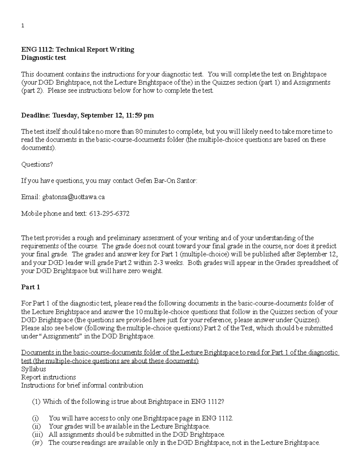 Diagnostic Test ENG 1112 - ENG 1112: Technical Report Writing ...