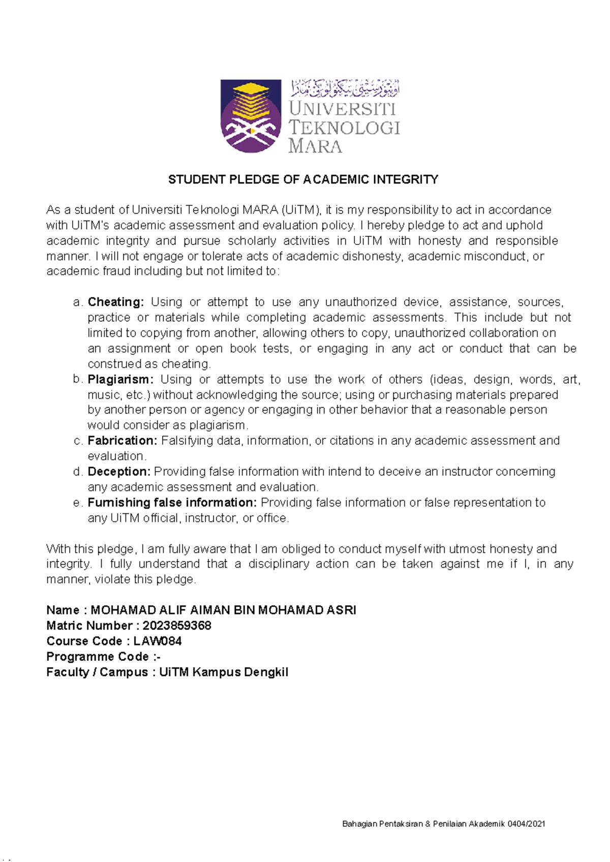 2023859368 LAW084 - material - STUDENT PLEDGE OF ACADEMIC INTEGRITY As ...