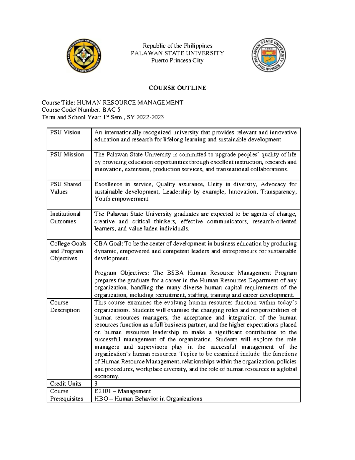 Course Outline HRM 2022 - Republic of the Philippines PALAWAN STATE ...
