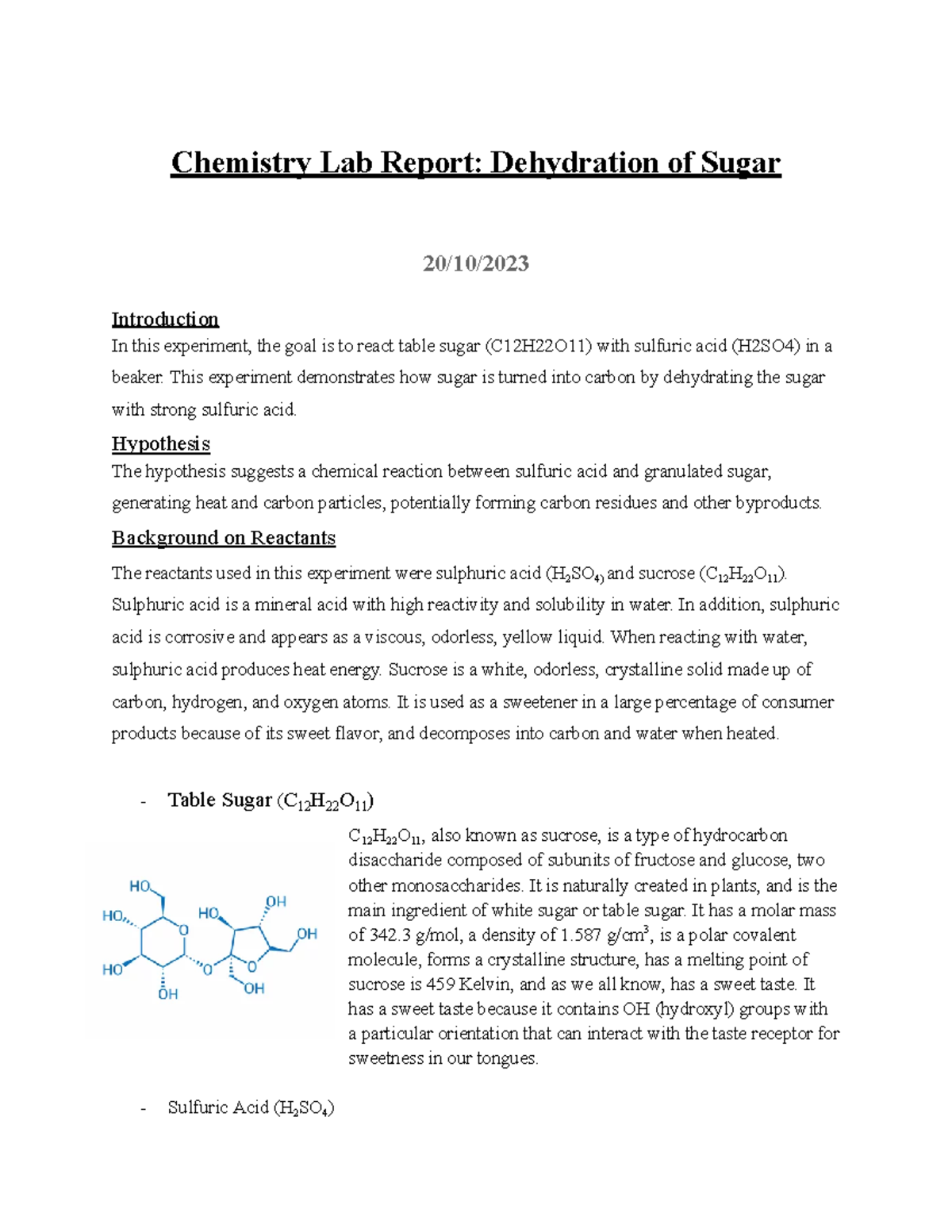 Lab Report: Dehydration of Sugar - Chemistry Lab Report: Dehydration of ...
