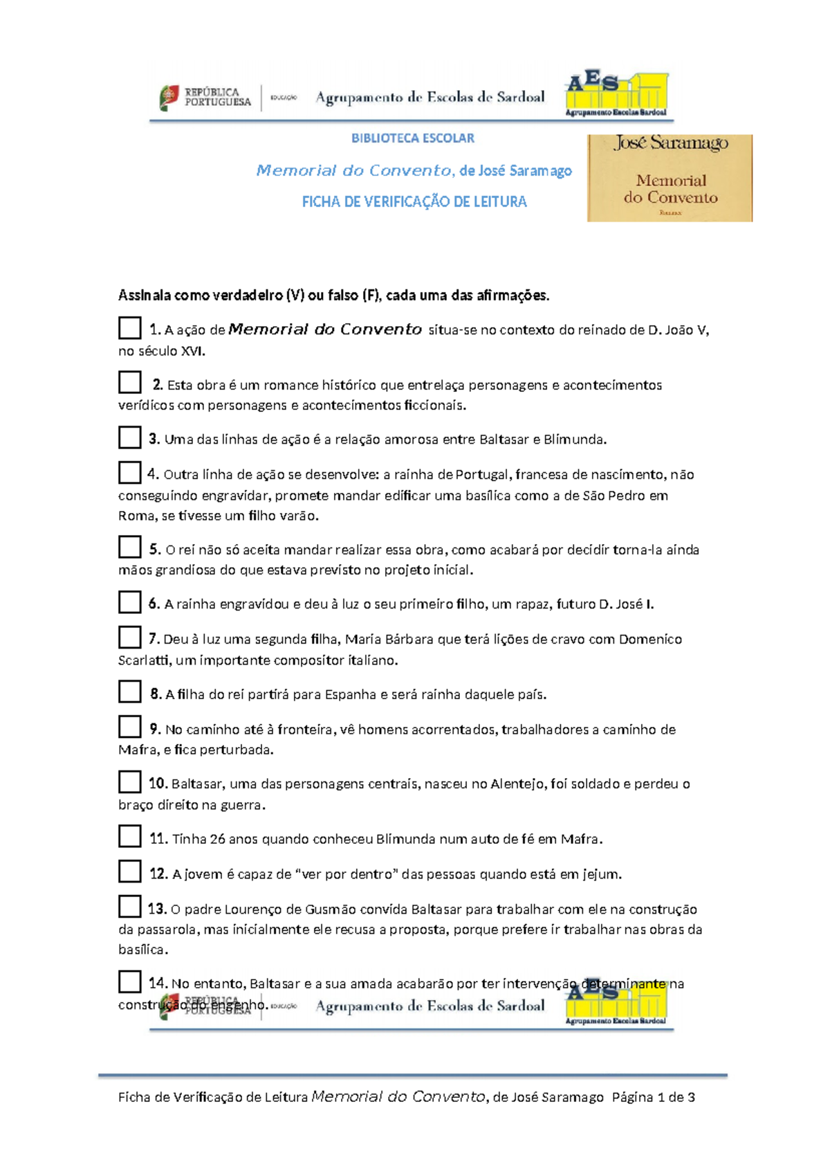 Memorial do Convento Ficha de verificacao de leitura - Memorial do ...