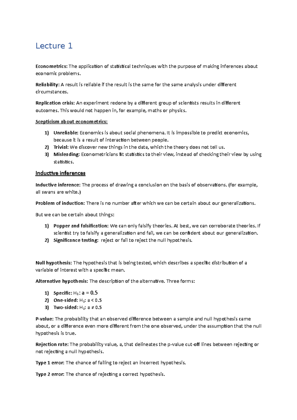 Summary Philosophy of Science and Statistics Part 2 - Lecture 1 Econometrics: The application of ...